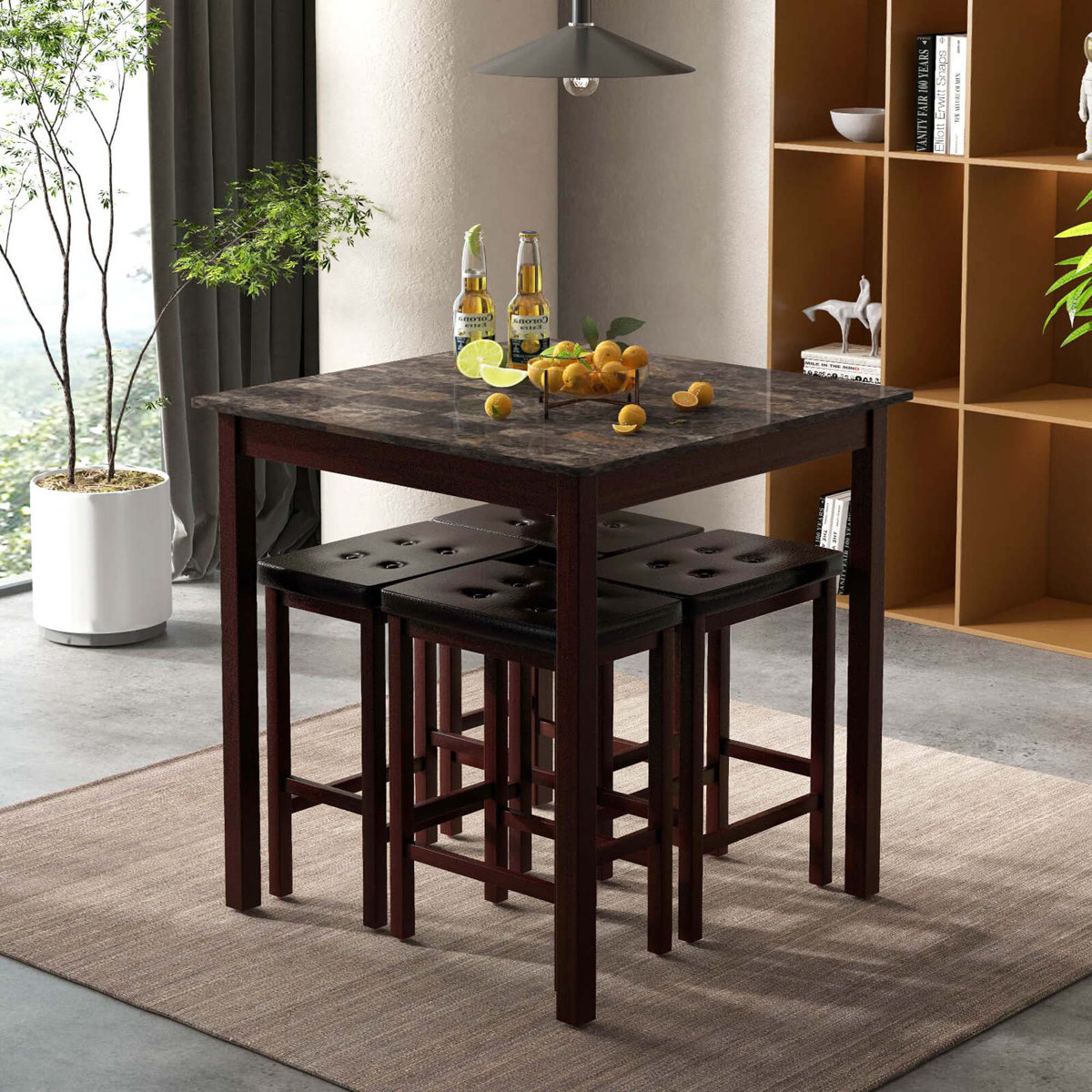 Ebern Designs 5 Pcs Bar Table Set Square Dining Table & 4 Pvc Leather Upholstered Bar Stools ...